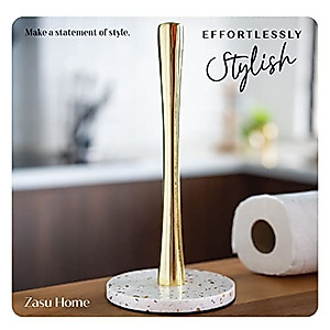 Zasu Marble Paper Towel Holder Gold Countertop, Kitchen, Toilet, Pantry and Bathroom Standing Paper Towel Roll Holders with Marble Base for Standard or Jumbo-Sized Roll Holder (Gold/Marble)