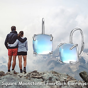 VONALA Moonstone Earrings 925 Sterling Silver Square Hoop Earrings Leverback Earrings for Women Birthday