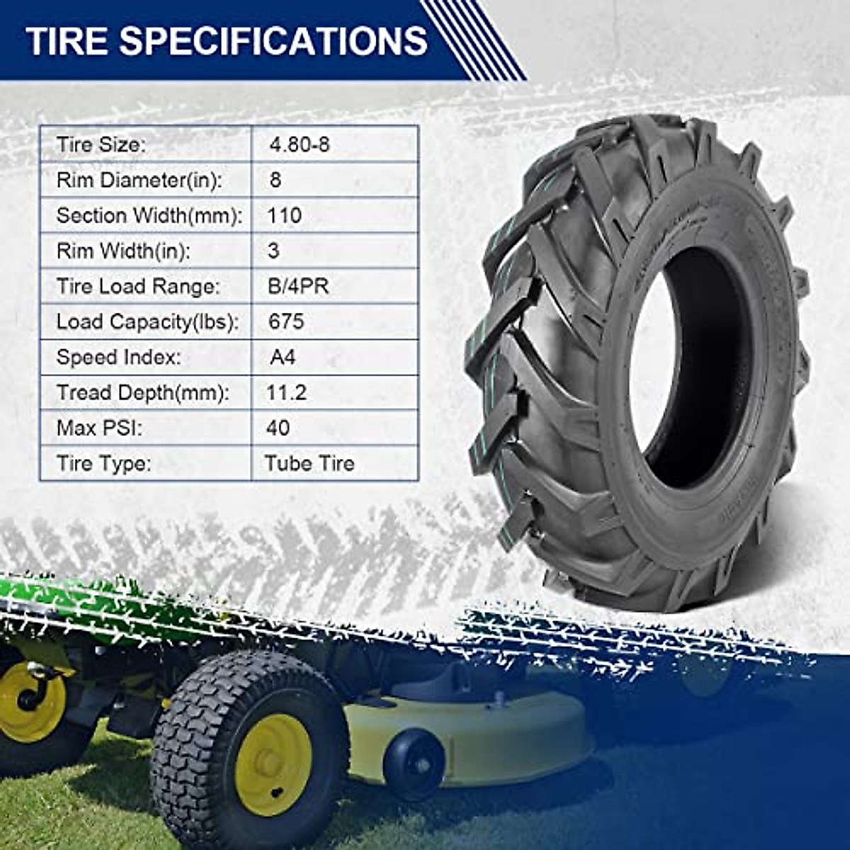 MaxAuto 2Pcs 4.80/4.00-8 Tires 4.80x4.00-8 8" Lawn Garden Tires 4.80x4.00x8 4.80-4.00-8 Turf Lawnmower Tractor Golf Cart Tubeless Tire
