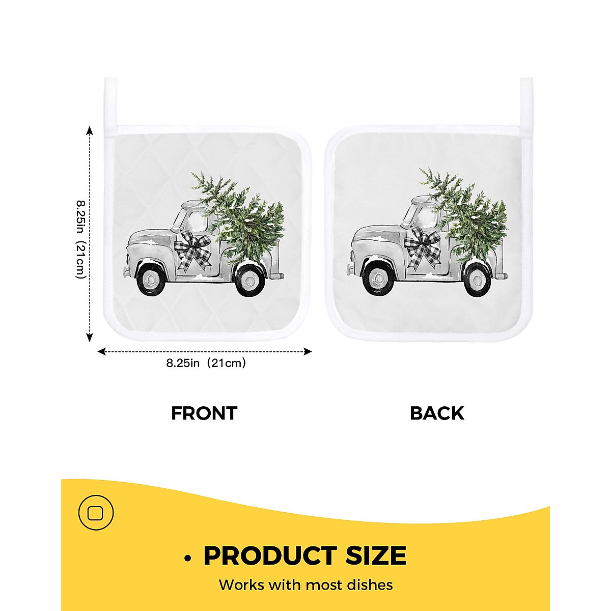 2 PCS Pot Holders with Hanging Loops, Christmas Heatresistant Potholders Coasters Mat for Kitchen Cooking Baking BBQ Classic Old World Car Xmas Green Pine Tree