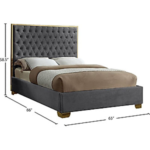 Meridian Furniture Lana Collection Modern | Contemporary Velvet Upholstered Bed with Deep Detailed Tufting and Gold Legs, Queen, Grey