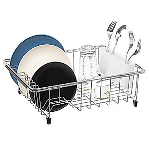 iPEGTOP Expandable Multifunctional Dish Drying Rack, Over The Sink, in Sink Or On Counter Dish Drainer Rack Organizer Shelf with White Utensil Silverware Holder, Rustproof Stainless Steel