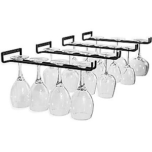 Wine Glass Rack, 11.8 Inch Black Wall Mounted Under Cabinet Wine Glass Holder Iron Wire Glasses Storage Hanger Organizer, Hanging Stemware with 8 Screws & 8 Tubes for Cabinet Kitchen Bar (4 Pack)