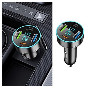 4-in-1 Fast Car Charger,PD/QC3.0/Type C Car Charger Fast Charging,Universal Car Phone Charger Cigarette Lighter USB Charger with Blue LED & Voltmeter for Car Truck SUV (QC3.0+Type-C+PD+2.4A)
