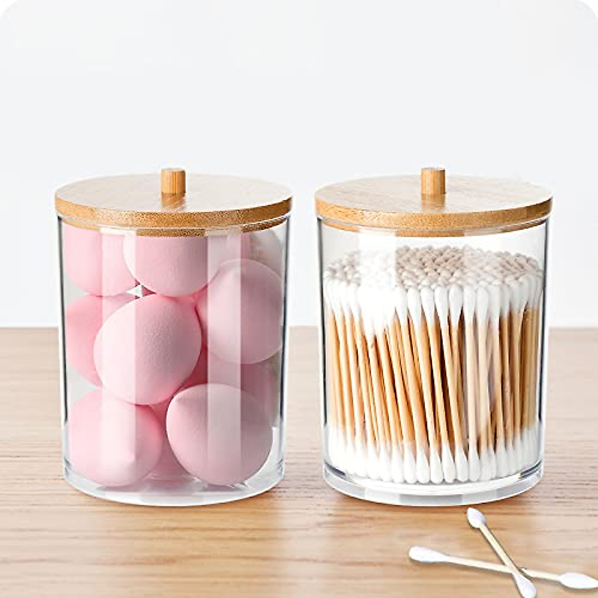 COSMARK 2 Pack Acrylic Qtip Holder Apothecary Jars with Bamboo Lids for Cotton Ball Pad Round Swab