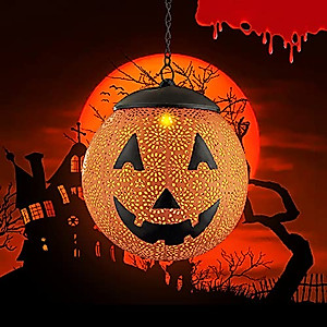 Halloween Solar Hanging Lights Outdoor - Garden Solar Metal Lantern Decor, Solar Powered Led Waterproof Decorative Round Hanging Light for Yard, Patio, Pathway, Porch