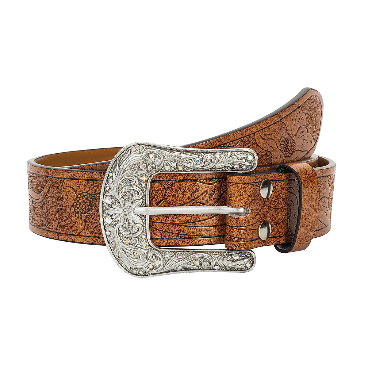 XuoAz Women Vintage-Western PU Leather Rhinestone-Buckle-Belt Cowgirl Bling-Diamond Country Waist Belts(for 33" to 38" Waist)