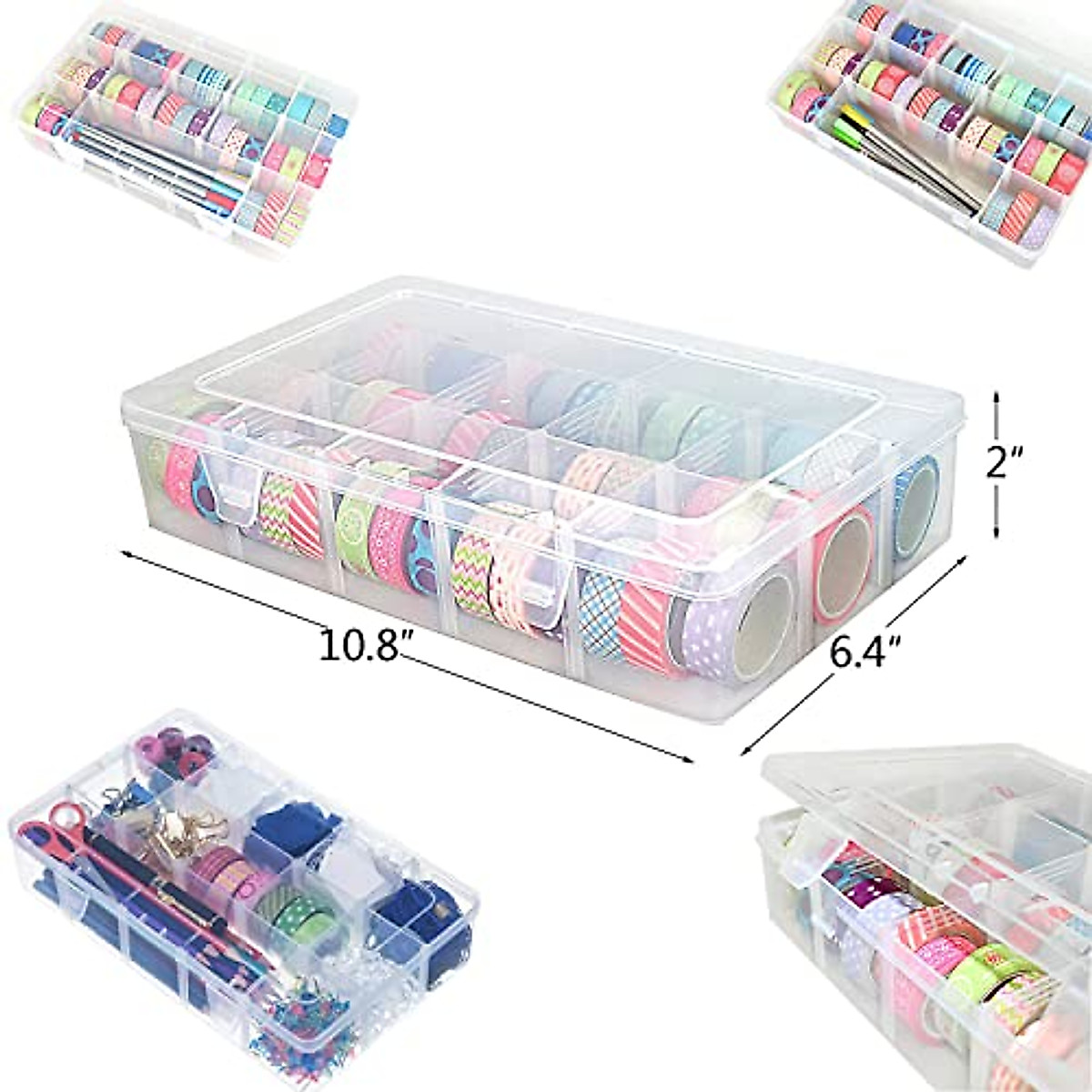 HomDSim 2 Pack 15 Large Grids Clear Plastic Organizer Storage Box for Washi Tape,Adjustable Compartments with Dividers,Container Holder for Ribbon,Sewing,Thread,Masking Tape,DIY Sticker Roll Tape