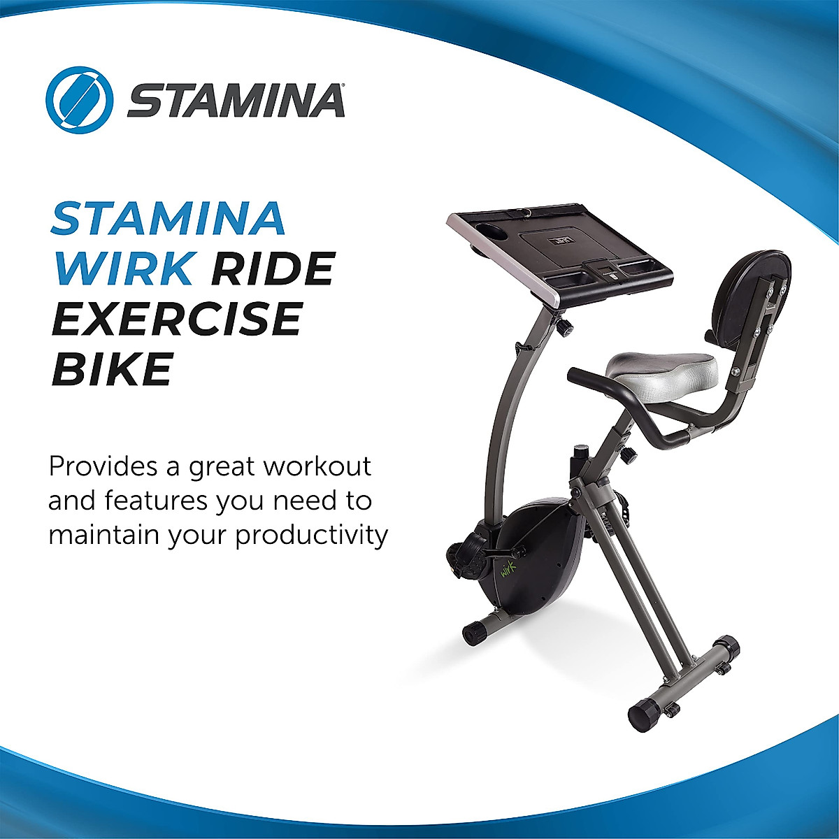 Stamina Wirk Ride Exercise Bike - Foldable Fitness Bike with Workstation and Standing Desk - Stationary Bike for Home Workout - Up to 250 Weight Capacity