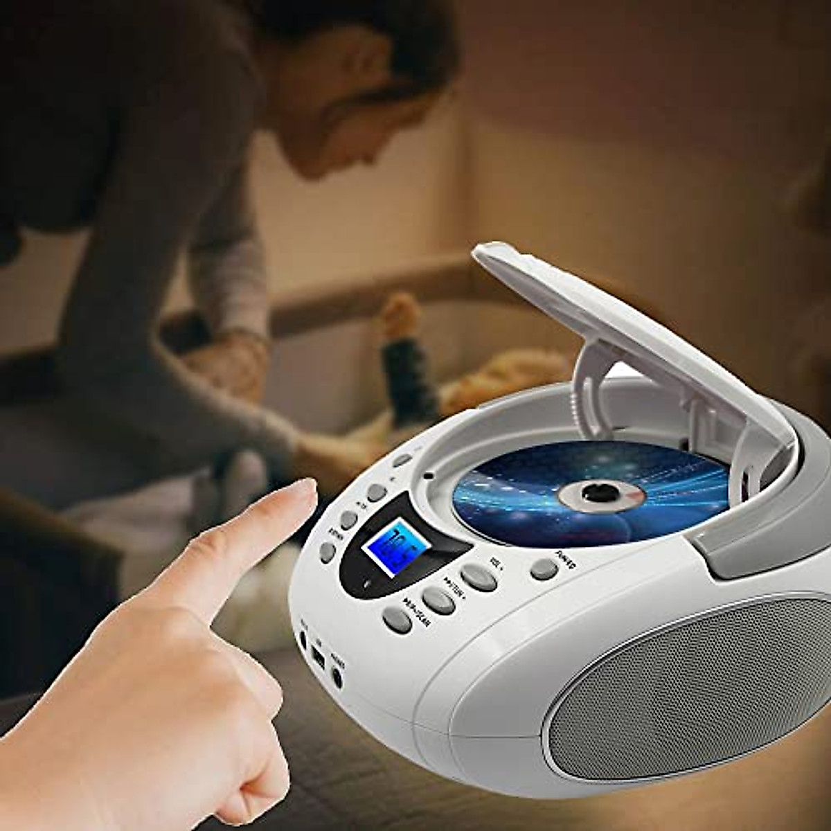LONPOO CD Player Portable Boombox with FM Radio/USB/Bluetooth/AUX Input and Earphone Jack Output, Stereo Sound Speaker & Audio Player,White