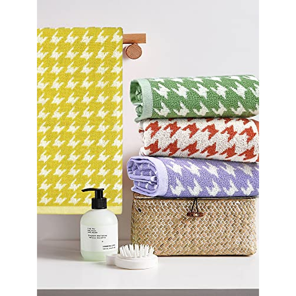 Bathroom Hand Towels 29” x 13”, Ultra Soft Hand Towel Set Houndstooth Pattern, 4 Pack Face Towels for Daily Use, Orange Yellow Green Lilac
