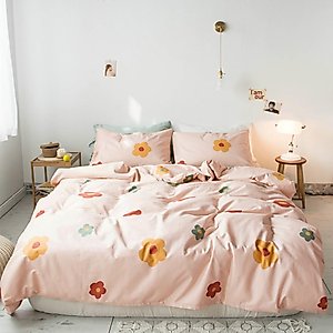 AOJIM Pure Cotton Colorfast Duvet Cover Set Queen Size, Floral Print Comforter Cover for Girls Women, Chic Flower Bedding 3pcs, 1 Soft Breathable Quilt Cover and 2 Matching Pillowcases, No Comforter