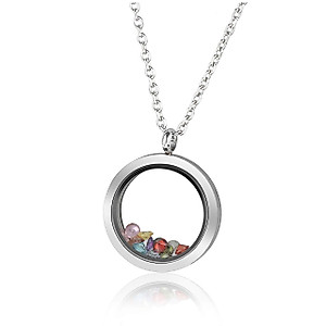 PiercingJ Living Memory Floating Locket Pendant Necklace Polished Round Stainless Steel Memorial Keepsake Glass Locket Necklace for Women, Free 12pcs Cubic Zirconia Birthstone