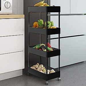 4 Tier Rolling Cart Slim Storage Cart with Wheels Slim Slide-Out Storage Organizer Cart for Kitchen Pantry Living Room Narrow Space, Black