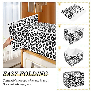 Joisal White Leopard Black Cheetah Collapsible Flip-Top Storage Box with Lid, Stackable Storage Boxes, Large Storage Bags, with Handle and Full Print