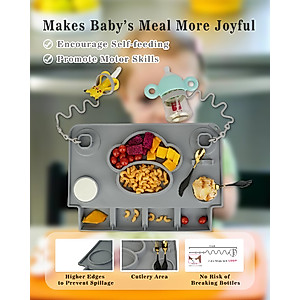 Silicone Placemats for Toddlers, Hitseon Reusable Food Grade Silicone Toddler Placemat with Suction Cups for Kids, Folding Baby Food Mat with 2 Straps for Home Travel, Dishwasher Safe (Gray)