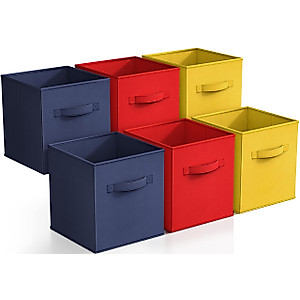 Sorbus 11 Inch Cube Storage Bins Bundle - Set of 6 Pastel Rainbow Bins & Set of 6 Navy, Red, and Yellow Bins (12 Storage Bins Total)