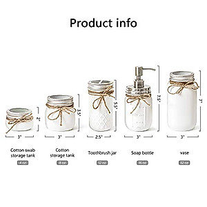 Mkono Mason Jar Bathroom Accessories Set White Mason Jars Bathroom Organizer Include Liquid Soap Dispenser,Cotton Swab,Tissue,Toothbrush Holder,Rustic Country Countertop Fall Decor 5 Piece, White