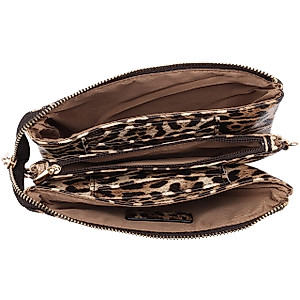 B BRENTANO Vegan Leather Multi-Pocket Crossbody Purse/Clutch with Card Slots, Removable Wristlet & Adjustable Shoulder Strap (Leopard Black)