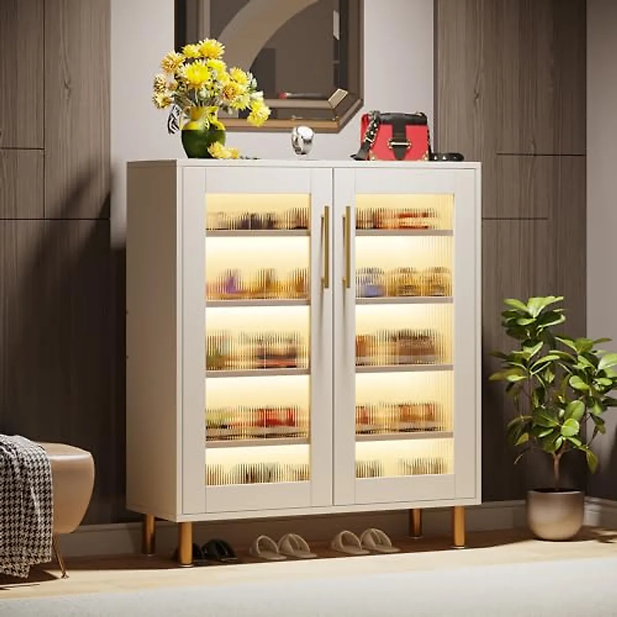 Tribesigns Shoe Cabinet with Acrylic Doors and LED Light, 24 Pairs Entryway Shoe Organizer Storage Rack with 5-Tier Adjustable Shelves for Narrow Closet, Hallway, Living Room (White & Gold)