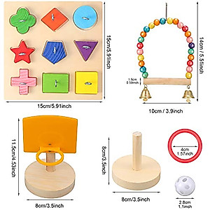 Frienda 4 Pieces Bird Training Toy Set Include Wooden Bird Block Puzzle Toy Parrot Training Basketball Colorful Stacking Rings Toy Birds Swing Perch for Parrots