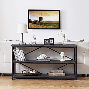 LVB Industrial Console Table, Metal and Wood Sofa Table, Rustic Entryway Table with Storage, Modern 3 Tier Shelf Long Foyer Tables Behind Couch for Home Living Room Hallway, Dark Gray Oak, 55 Inch