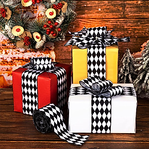 2 Rolls Christmas Checkered Ribbon Black and White Check Ribbon Diamond Check Wired Edge Ribbon Diamond Pattern Decorative Ribbons for Christmas Fall Tree Wrapping DIY Crafts (2.6 Inch)