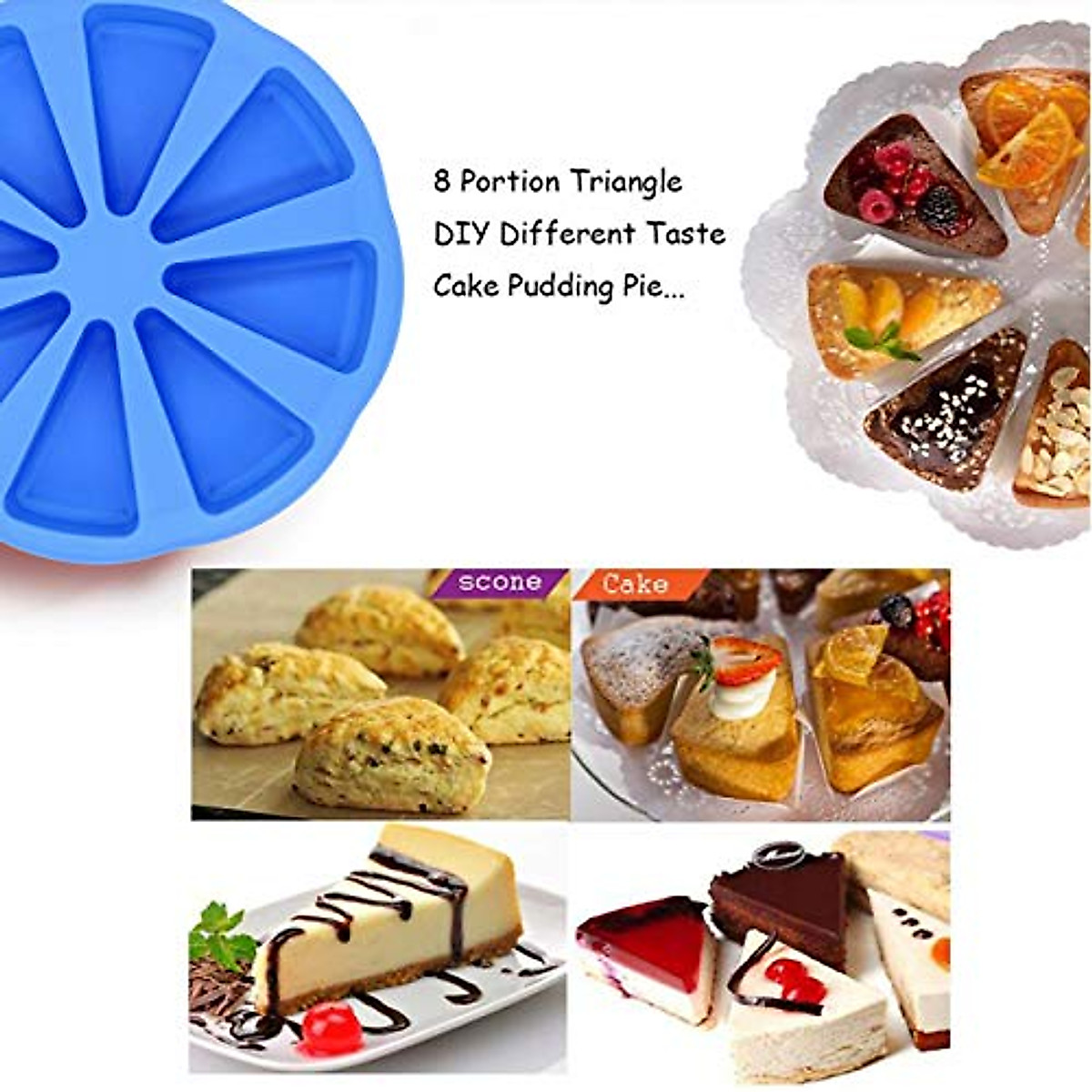 Meajore 2 Pcs Silicone Cake Scone Pan,Triangle 8 Cavity Pizza Cake Pan,Internal Diameter 4 inch Cake Pan for Brownies Muffins,Cheesecake,Cornbread Kitchen Baking Shapes (Blue)