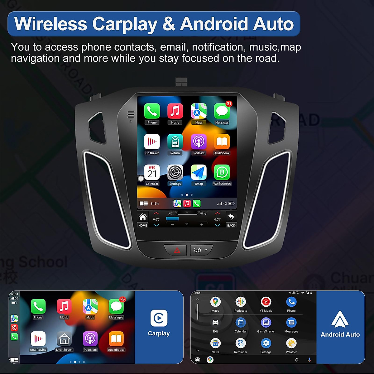 10.4 inches 5GWIFI 4GB+32GB Car Stereo Radio for Ford Focus 2012-2018 Android 13 Car Stereo Radio Upgrade T-Style Head Unit with Carplay/Android Auto with Bluetooth GPS Navigation FM/RDS 48EQ SWC