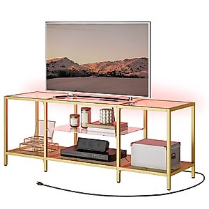 HOOBRO TV Stand with LED Lights and Power Outlets for TVs up to 65", Modern 55 Inch Tempered Glass TV Console Table with Open Shelves, Media Entertainment Center for Living Room, Gold GD145UDS01