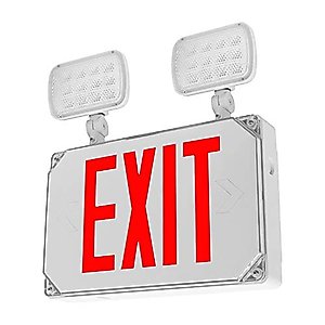 LFI Lights | Wet Location Rated Combo Red Exit Sign with Emergency Lights | White Housing | All LED | Two Adjustable Heads | Hardwired with Battery Backup | UL Listed | WLFCOMBO-R