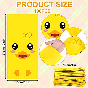 JarThenaAMCS 100Pcs Yellow Duck Cellophane Treat Bags with Twist Ties Cute Cartoon Duck Plastic Candy Goodie Bags for Summer Birthday Baby Shower Party Favors