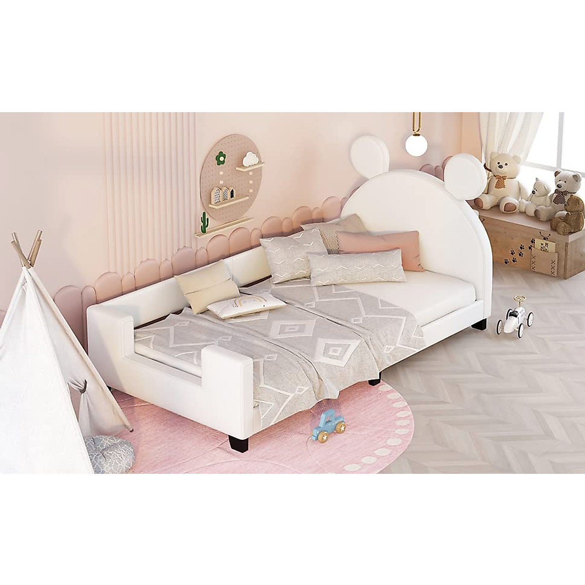Harper & Bright Designs Twin Size Upholstered Daybed with Carton Ears Shaped Headboard for Kids Boys Girls, White