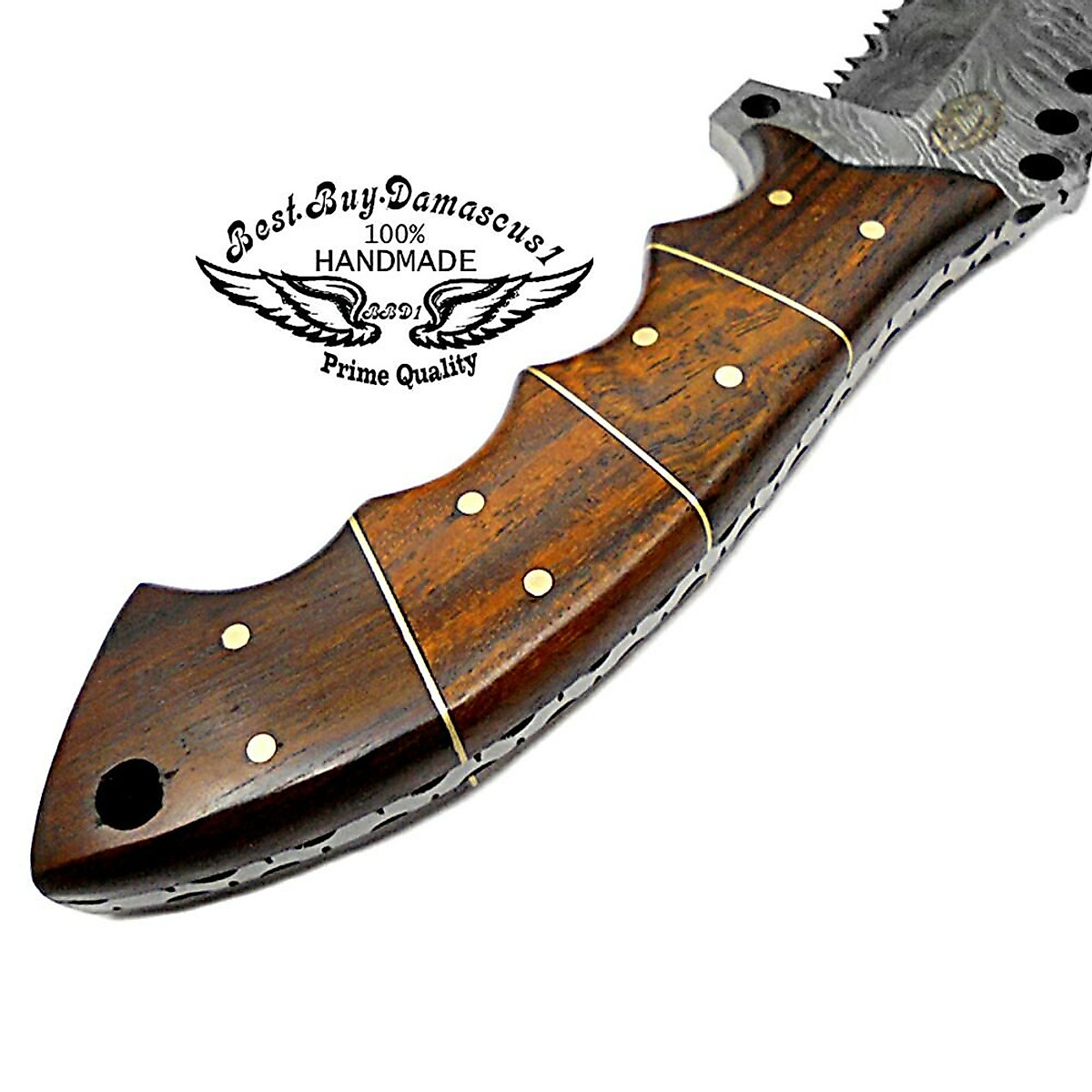 Best.Buy.Damascus1 Rose Wood 9.5'' Fixed Blade Custom Handmade Damascus Steel Tracker Hunting Knife Brass Pins Spacers Unique Beautiful File Work On Handel Come With Leather Sheath Prime Quality