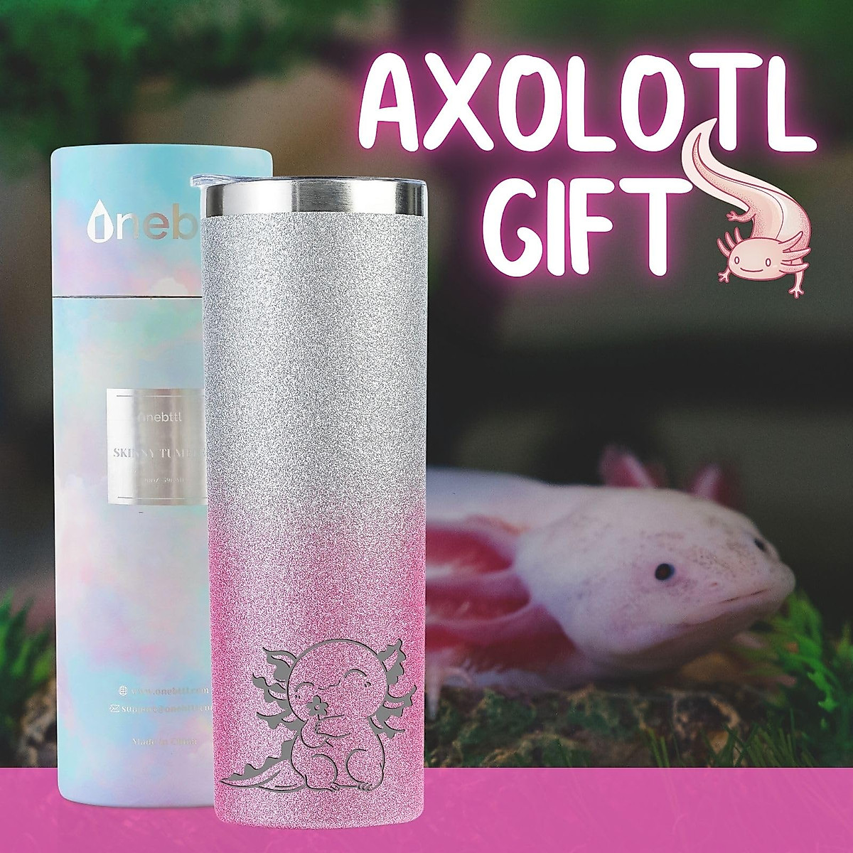 Onebttl Cute Axolotl Gifts for Girls/Women, Axolotl Stuff, Axolotl Water Bottle, Insulated 20 oz Stainless Steel Skinny Tumbler with Straw, Brush, Lid, and Gifts Box, Pink-Silver Gradient Glitter