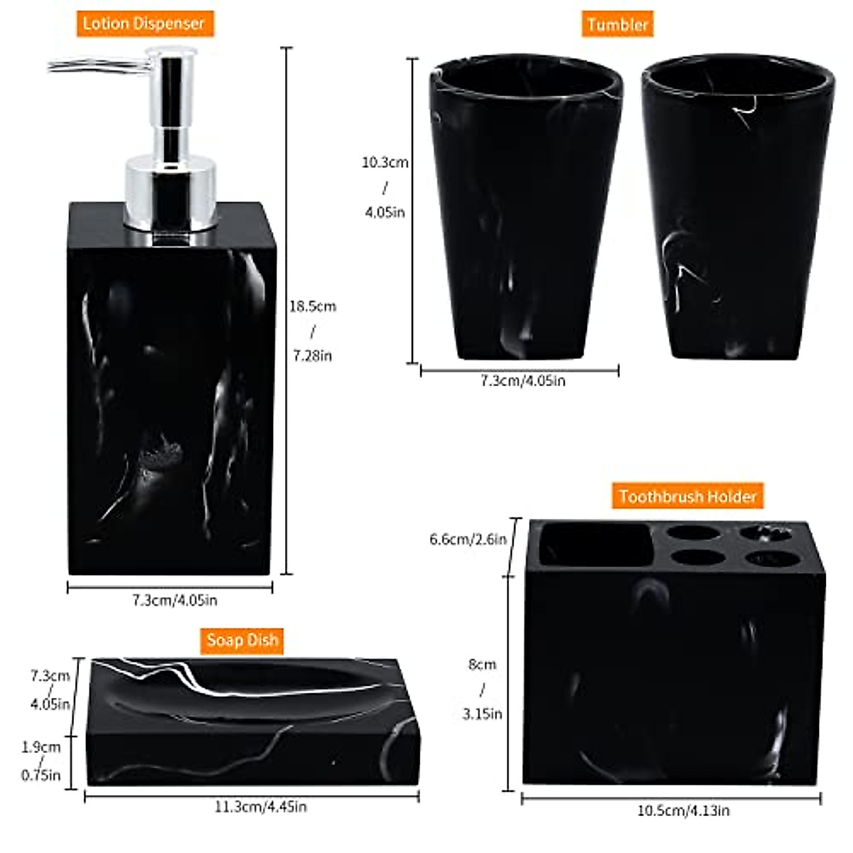 Bathroom Accessories Set, 5 Pcs Marble Look Bathroom Sets, Resin Black Bathroom Accessory Set with Soap Dispenser, Toothbrush Holder, Toothbrush Cup, Soap Dish for Home Apartment Bathroom Decor