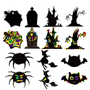 CCINEE 80pcs Halloween Theme Scratch Paper Rainbow Scratch Art Paper Craft Kit with 12pcs Wooden Styluses and 80pcs Ribbons for Halloween Party Supplies