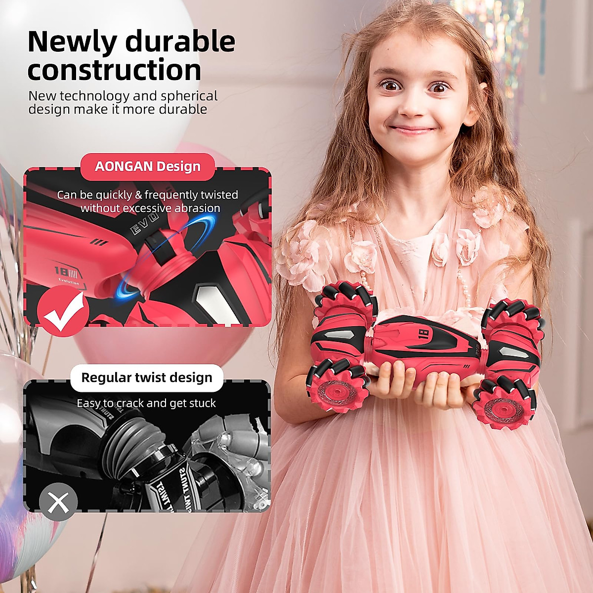 AONGAN RC Girls Remote Control Car,Double Sided 4WD Race Car 360°Drift，Gesture Sensing Rc Stunt Car，Girls Toys Age 6-8 RC Car, Girls Car Toys for 4 5 6 7 8 Years Old Toddlers Kids Birthday Gifts（Red）