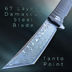 TACTICAL GEARZ Damascus Pocket Folding Knife, Solid Titanium Handle! 67 Multi Layers Damascus VG10 Steel Tanto Blade! (Saint DXT Beast Bundle)