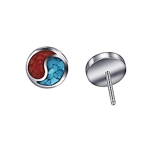 Yin-Yang Design Turquoise and Coral Gemstone 925 Sterling Silver Stud Earrings for Women