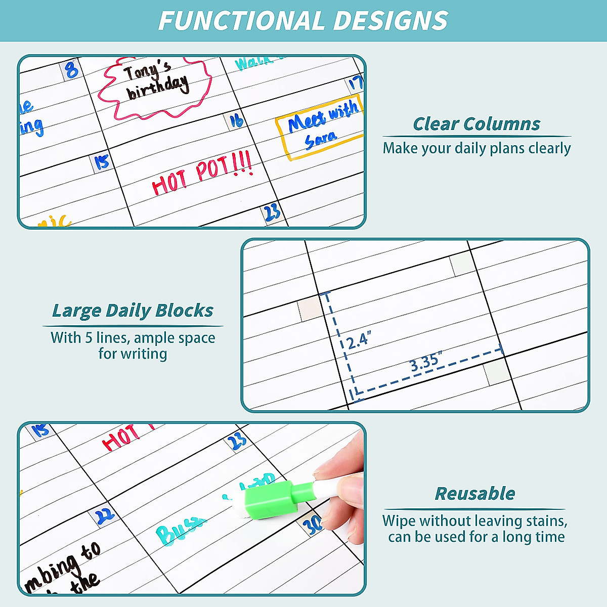 Large Dry Erase Calendar - Dry Erase Calendar for Wall, Undated 3 Months Calendar, 27.8" x 40", Large Erasable & Reusable Wall Calendar with 8 Round Stickers, Great Layout Dry Erase Wall Calendar for