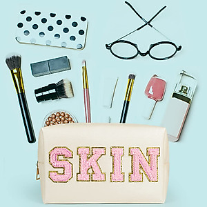 JOINDO Skin Makeup Bag, Skin Care Cosmetic Toiletry Bag, Preppy Makeup bag,Portable Makeup Zipper Pouch Storage Purse, PU Leather Skincare Organizer Bag for Travel Daily Use