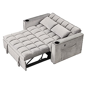 FULife 58" Convertible Sofa Couch with Pull-Out Sleeper,Adjustable Loveseat Armchair Single Bed Chair with Cup Holder,USB Port,Side Pocket&Pillows for Living Room/Apartment/Office/Studio/Small Place