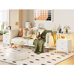 Furologee Nightstands Set of 2, End Tables Set of 2 with Charging Station and LED Lights, White Night Stands with 2 Fabric Drawers, Bedside Tables for Living Room/Bedroom