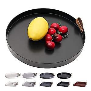 Tynulox Plastic Serving Tray with Leather Handle, Round, Black,10.2x10.2x1 Inch, 1 Pcs