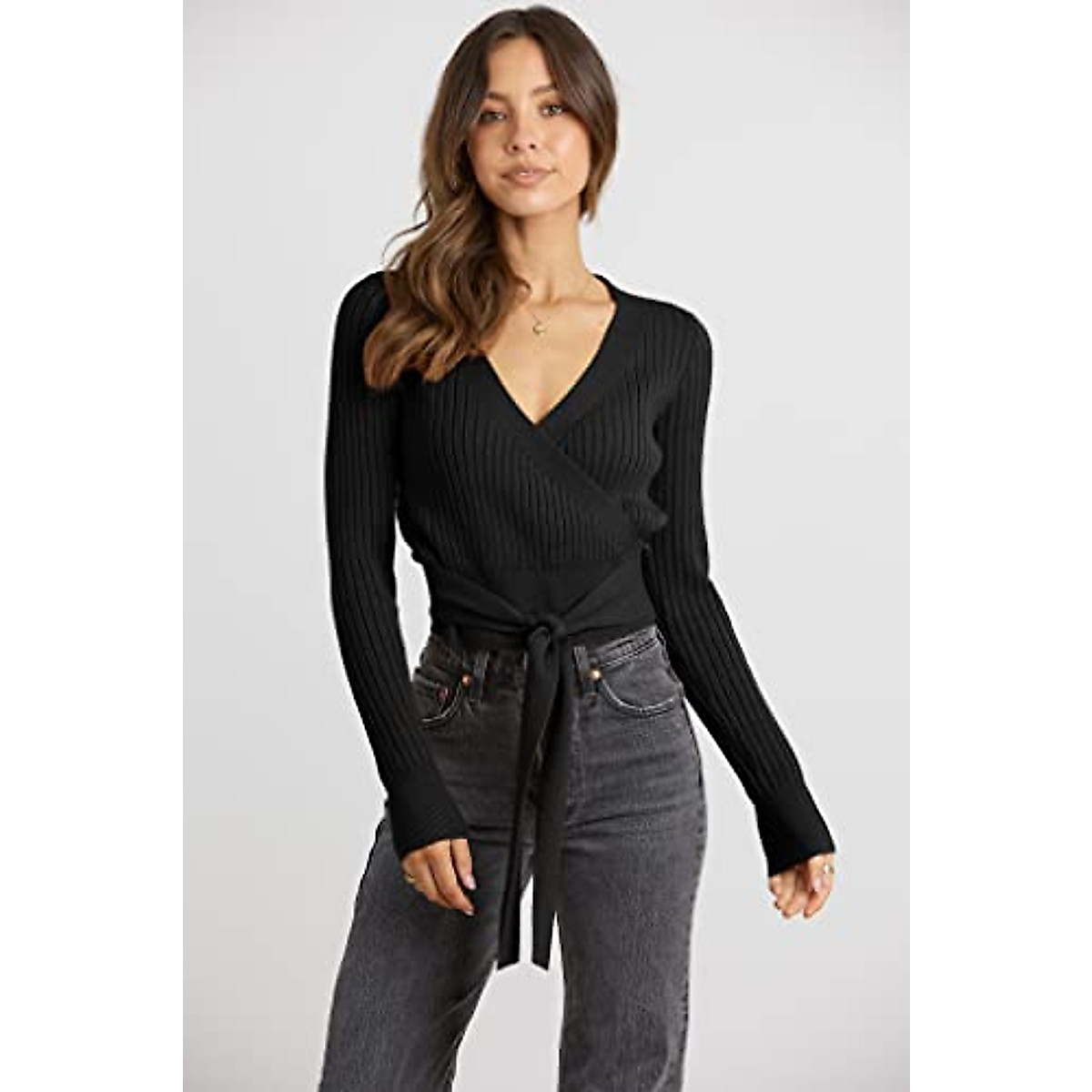 PRETTYGARDEN Women's Fashion Wrap V Neck Cropped Sweater Long Sleeve Solid Slim Fit Belted Pullover Ribbed Knit Sweater Tops(X-Large, Black)