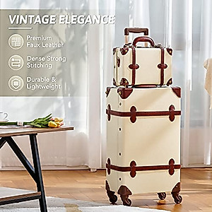 CO-Z Vintage Luggage Sets, 2 Piece Retro Suitcase with Spinner Wheels TSA Lock and Carry On Briefcase, Large 24" Trunk Small 12" Train Case Leather Travel Luggage Set for Women Men, Beige