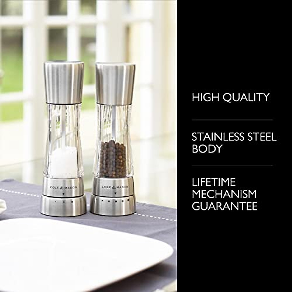 COLE & MASON Derwent Salt and Pepper Grinder Set - Stainless Steel Mills Include Gift Box, Gourmet Precision Mechanisms and Premium Sea Salt and Peppercorns