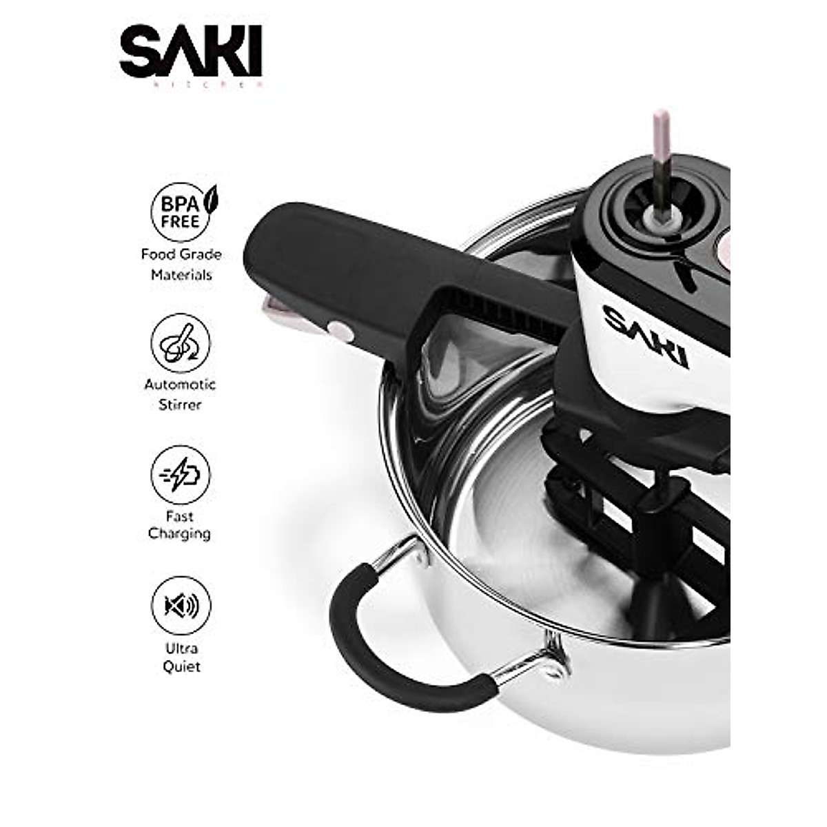 SAKI Automatic Pot Stirrer for Cooking, with 2 speeds, Adjustable, Hands Free, BPA free, Cordless and Rechargeable (2021 Updated Battery)