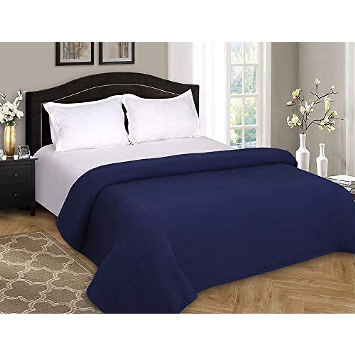 Elvana Home 100% Cotton Bed Blanket, Breathable Bed Blanket Queen Size, Cotton Thermal Blankets Queen, Perfect for Layering Any Bed for All Season, Navy Blue